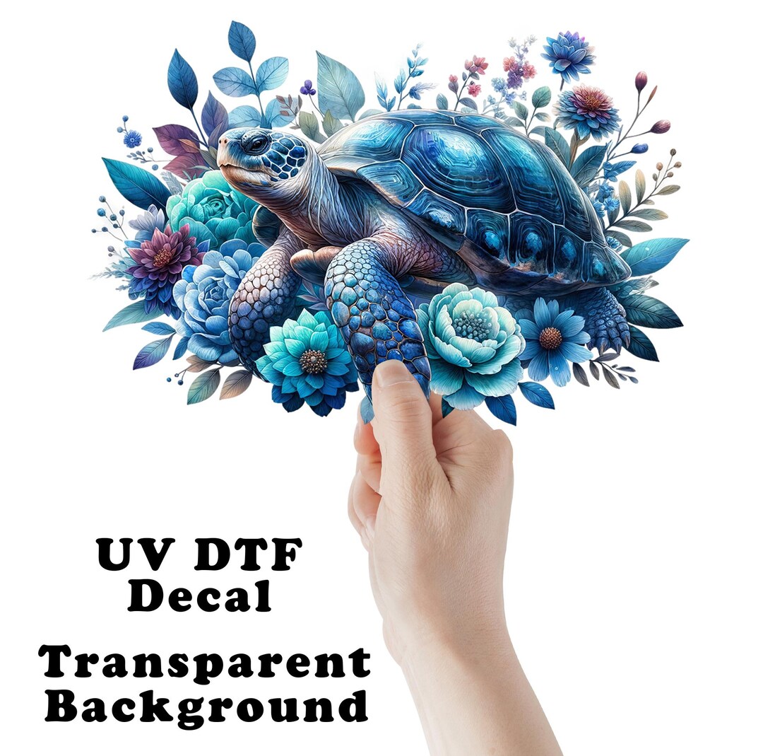 Blue Floral Sea Turtle UV DTF Transparent Decal / Sticker You Choose ...