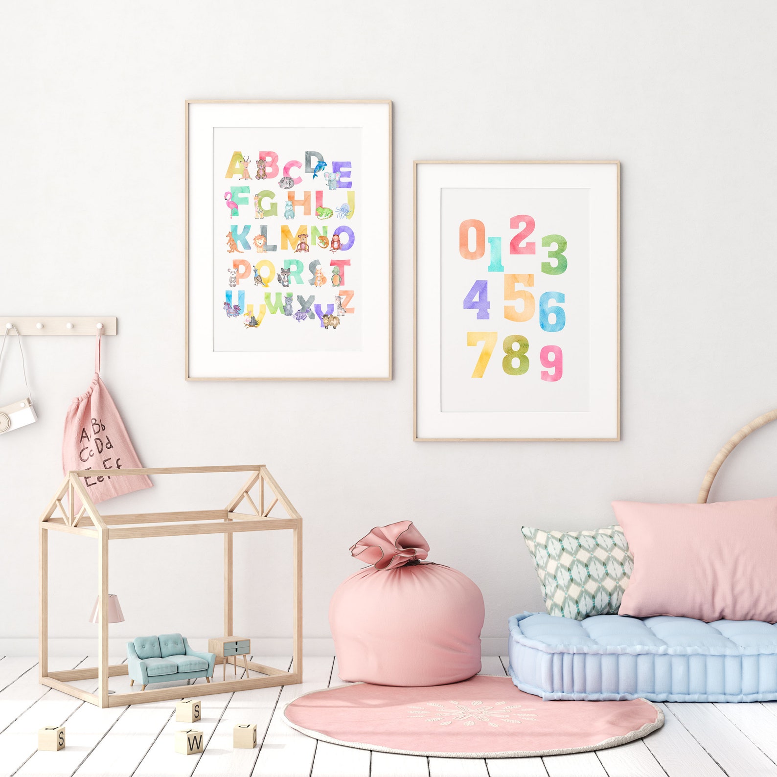 Set of 2 16x20 Alphabet and Numbers Watercolor Nursery Wall - Etsy