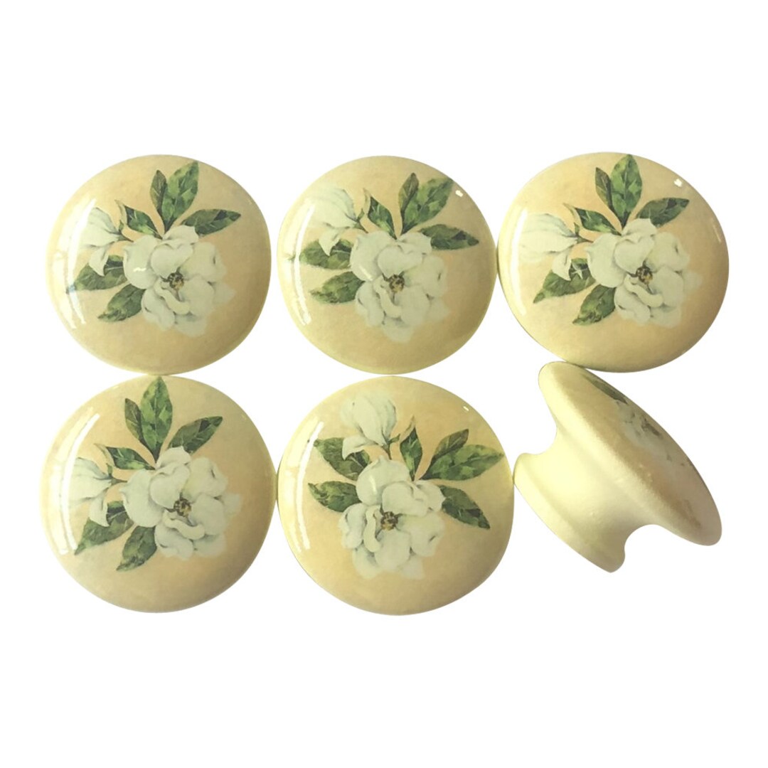 Set of 6 Magnolia Print Wood Cabinet Knobs Dresser Drawer Kitchen ...