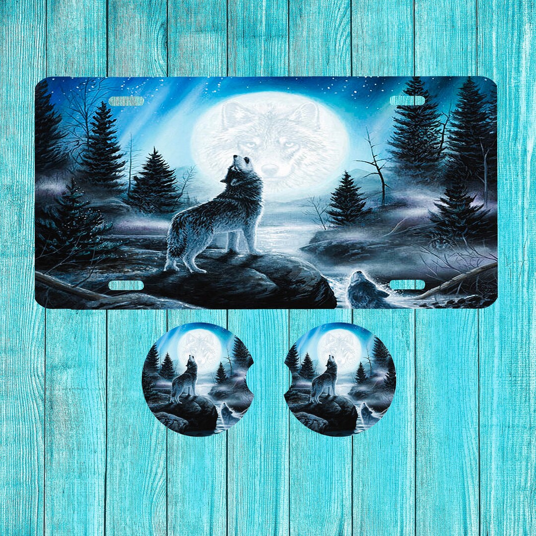 Wolf Howl at the Moon Aluminum Front License Plate and Car Coaster Set ...