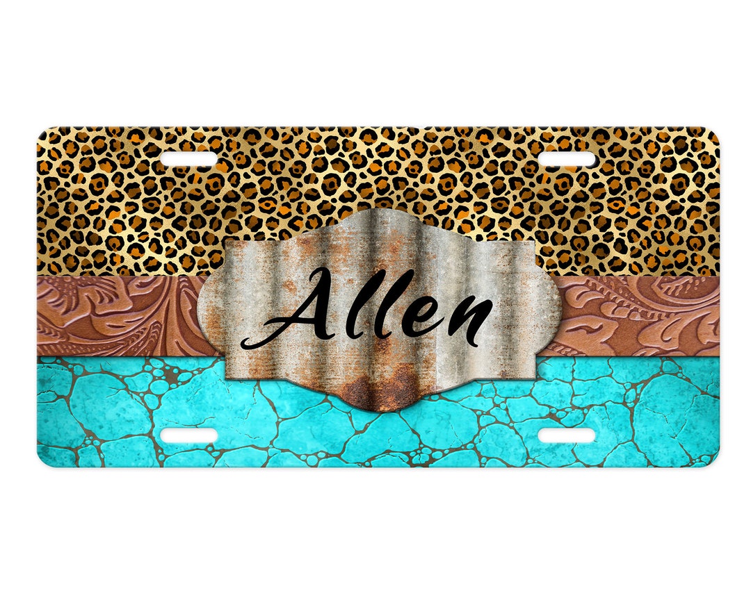Personalized Western Turquoise and Leopard Print Aluminum Front License ...