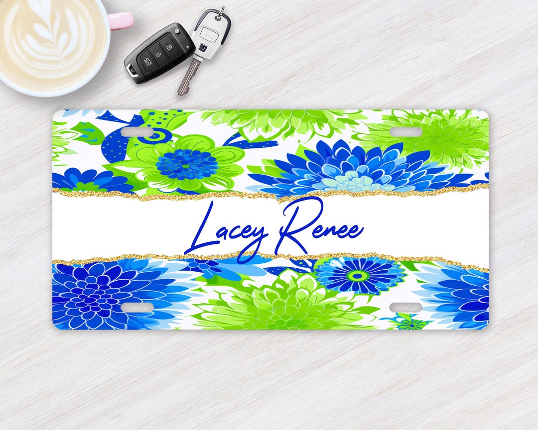 Personalized Lime & Blue Floral Vanity Decorative Front License Plate ...
