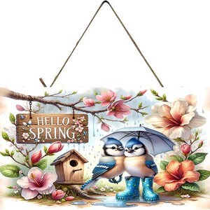 Hello Spring Blue Birds Farmhouse Hanging Wood Sign, Hanging Wall Sign ...
