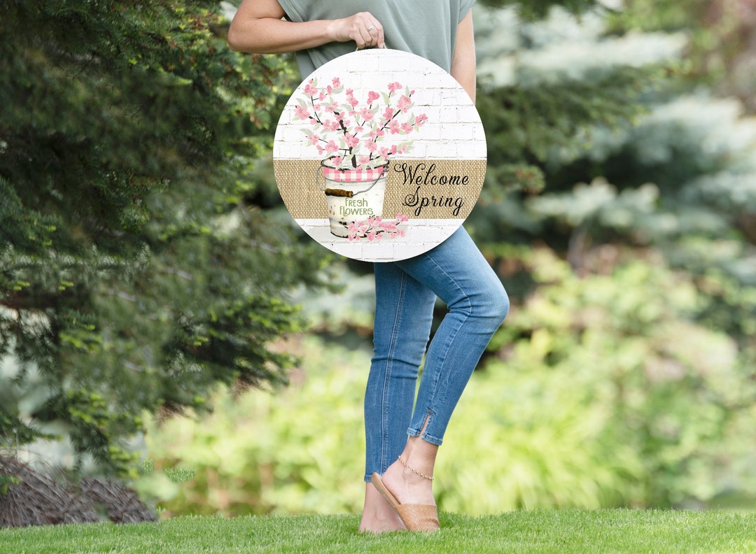 Welcome Spring Cherry Blossoms Round Printed Handmade Wood Sign Door ...