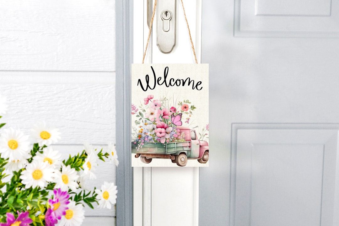 Wall Decor, Welcome Sign, Welcome Pink Flower Truck Farmhouse Decor ...
