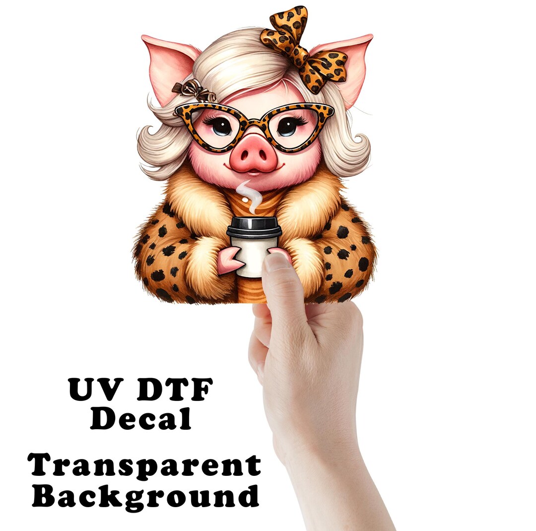 Leopard Print Pig Drinking Coffee UV DTF Transparent Decal / Sticker ...