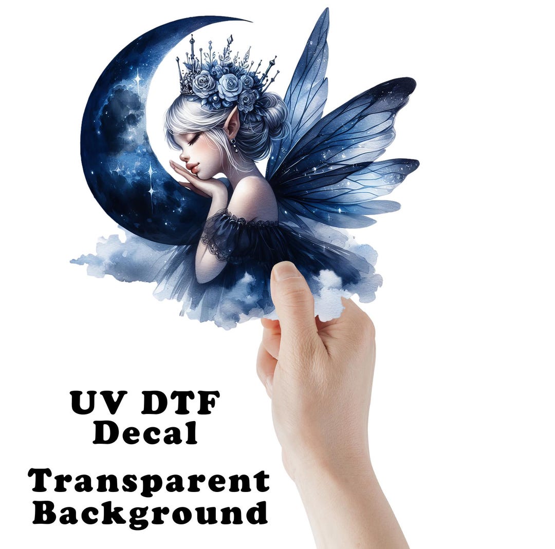 Navy Blue Moon Fairy UV DTF Transparent Decal / Sticker You Choose Size ...