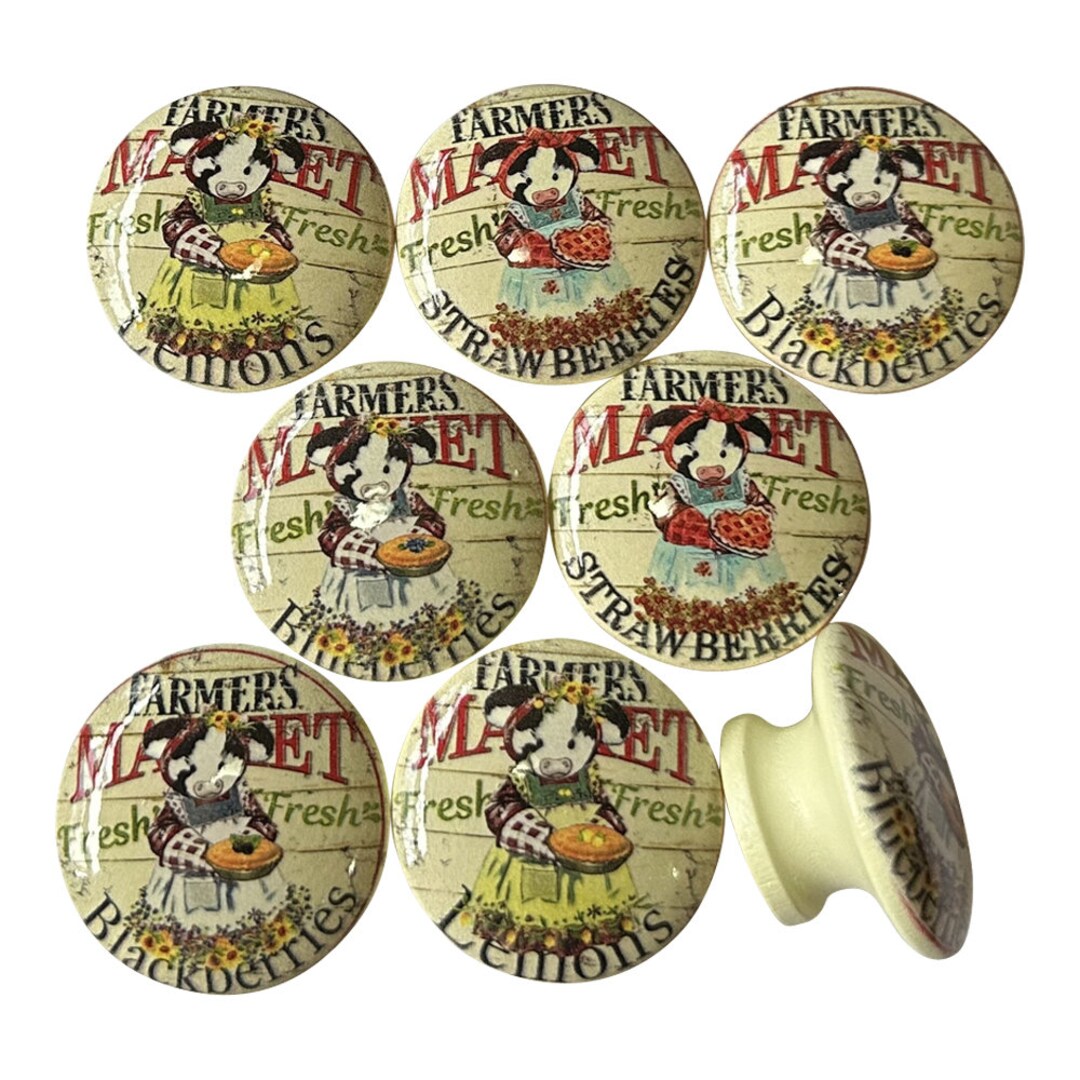 Set of 8 Farmers Market Cow Print Wood Cabinet Knobs, Draw Knobs ...