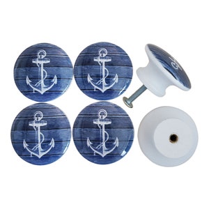 Beach Cabinet Knobs, Drawer Knobs, Set of 6 White Anchor on Blue Beach Coastal Wood Cabinet ...