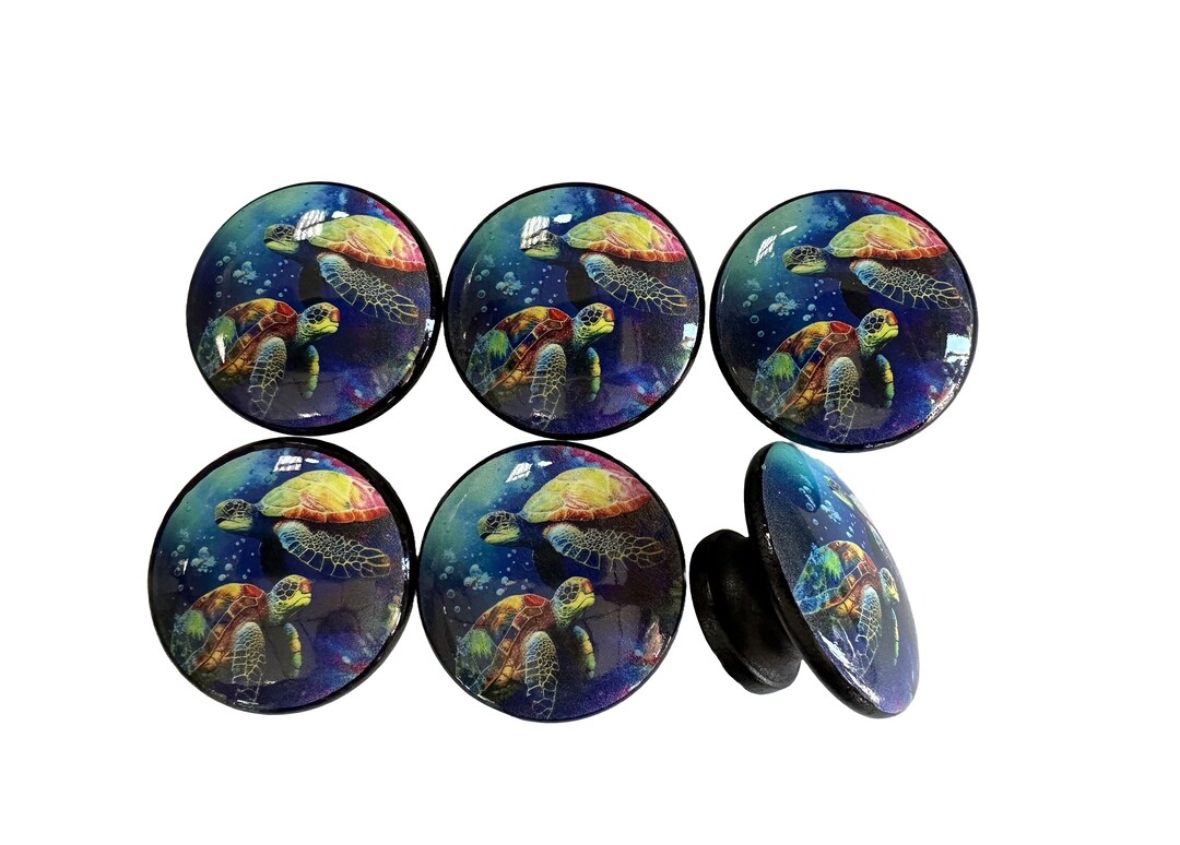 Coastal Beach Cabinet Knobs, Set of 6 Alcohol Ink Sea Turtles Wood ...