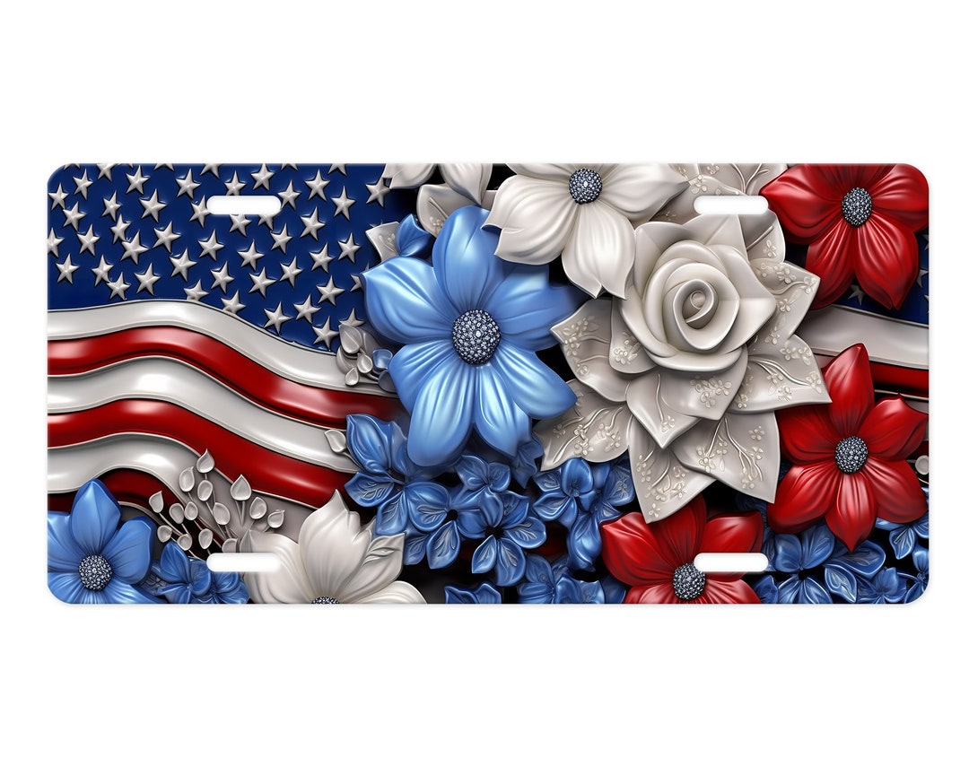 Patriotic Flag and Flowers Vanity Decorative Front License Plate Cute ...