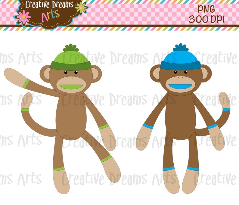 Sock Monkey Blue/green Digital Clip Art Instant Download - Etsy