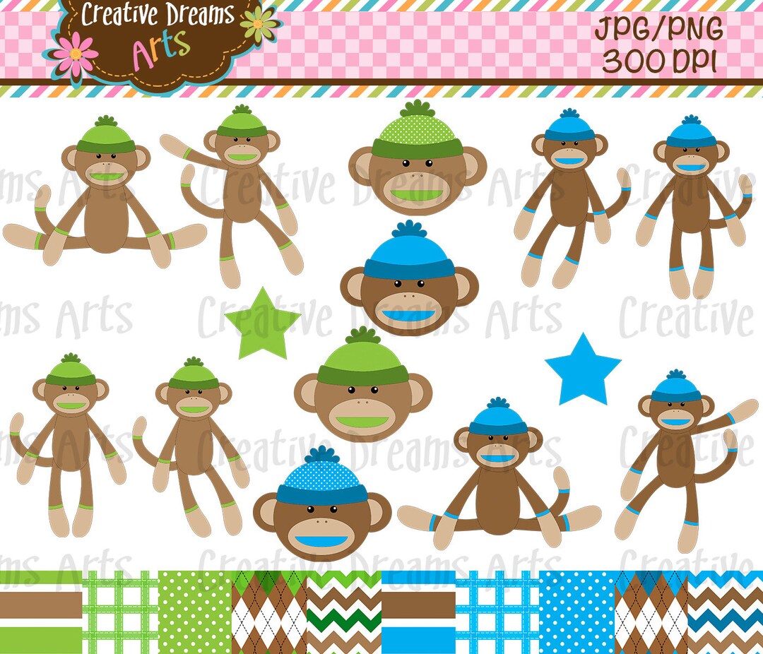 Sock Monkey Blue/green Digital Clip Art Instant Download - Etsy