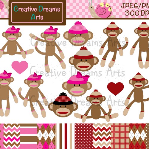 Sock Monkey Digital Clip Art Instant Download | Etsy