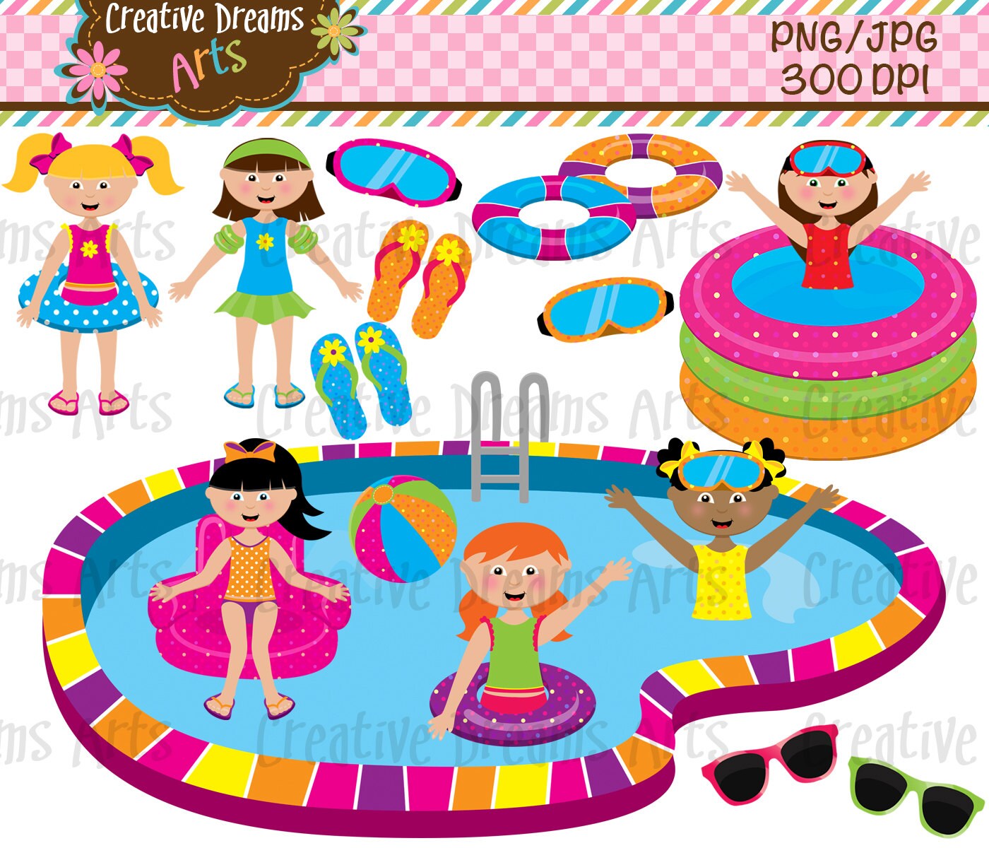 Girls Pool Party Digital Clip Art Instant Download - Etsy