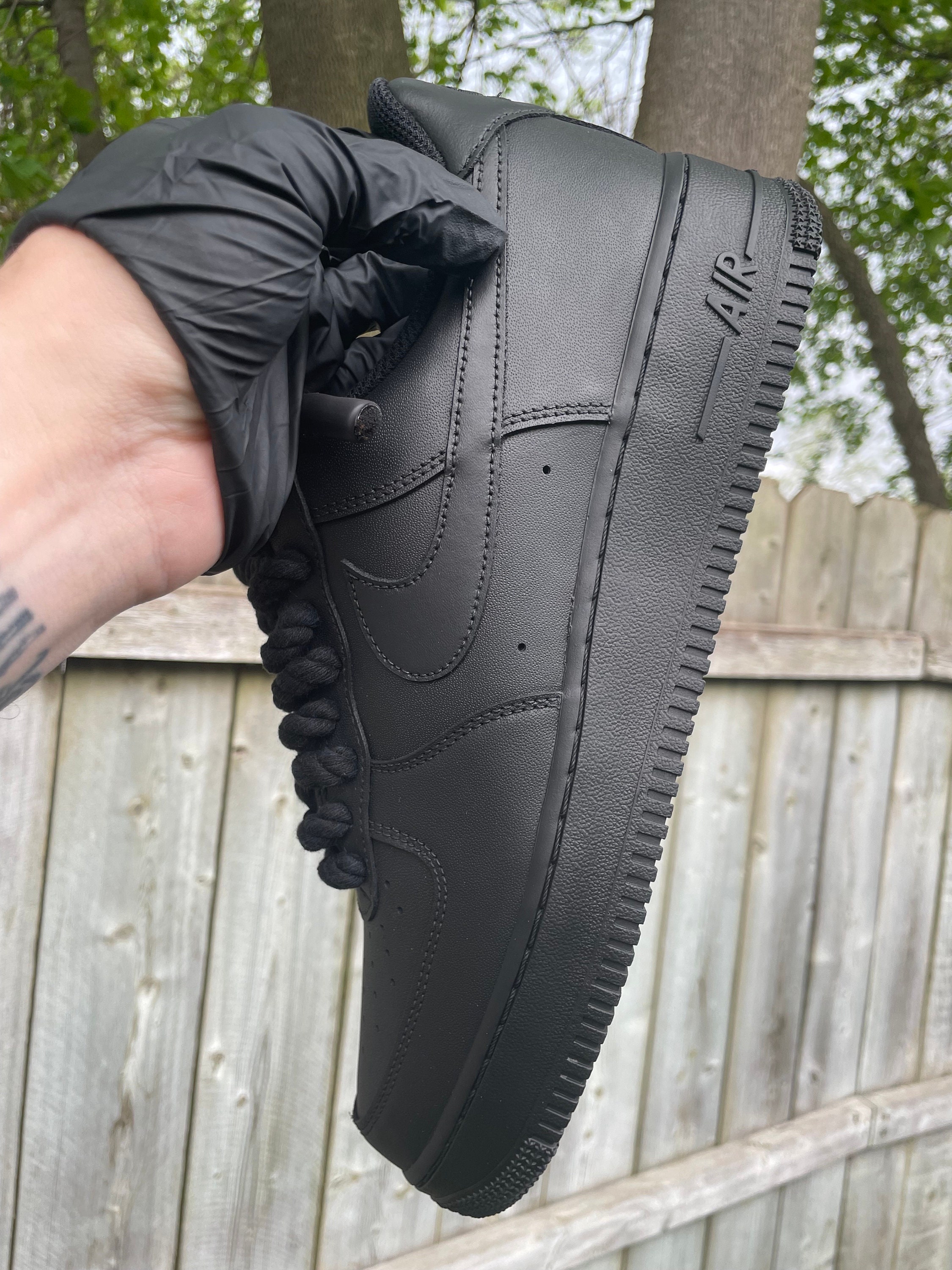 Custom Black Nike Air Force 1 '07| Black Air Force 1 With Rope Lace ...