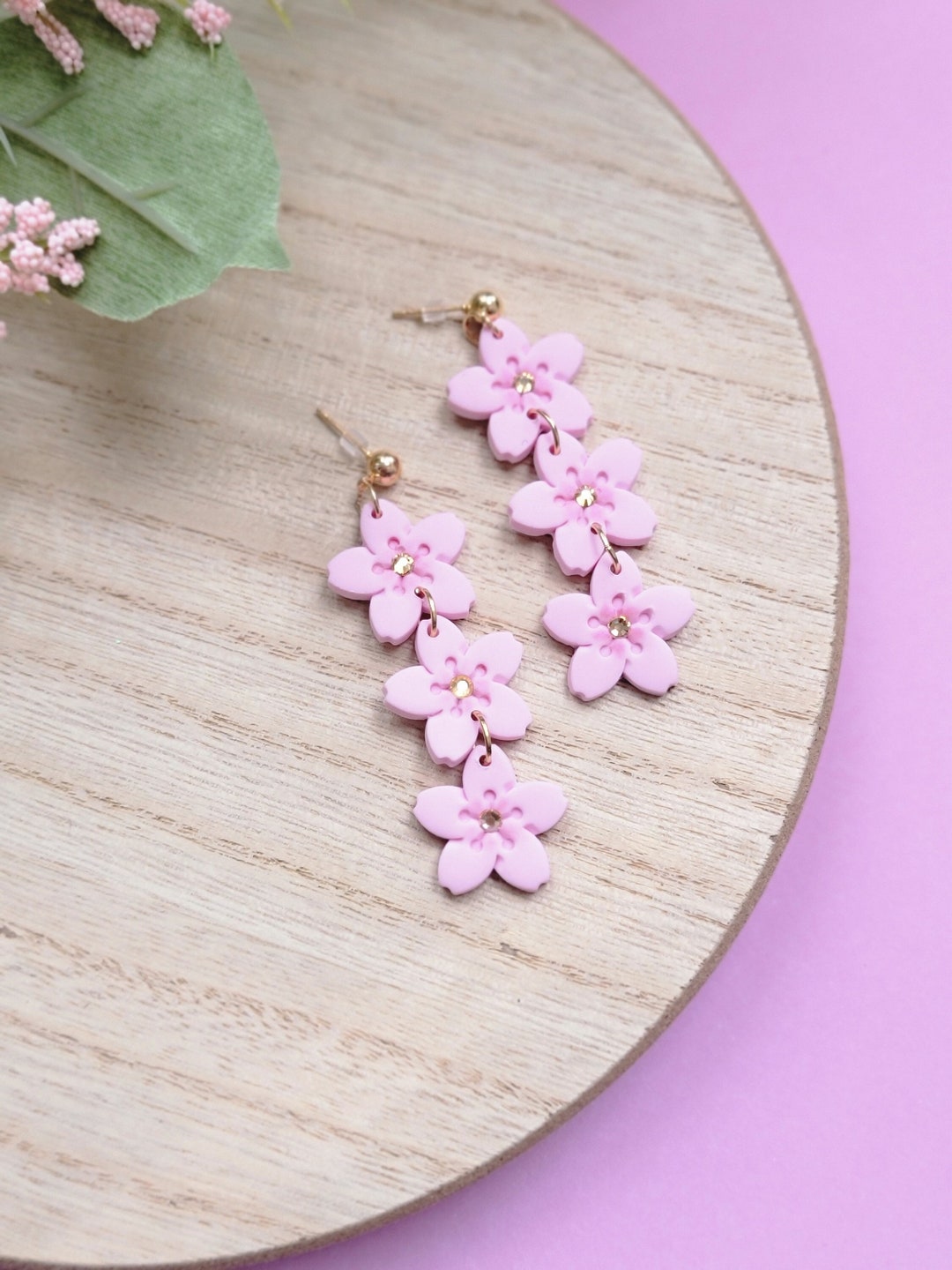 Dangle Cherry Blossom Clay Earrings - Mother's Day Earrings - Spring Earrings - Handmade Jewelry ...