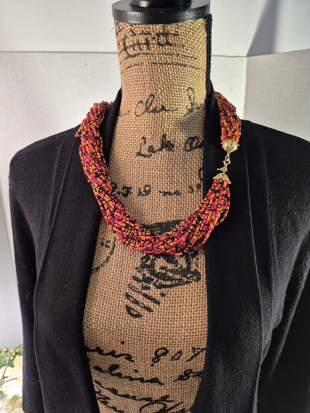 Crown Trifari Multi Strand Orange Black Red Seed Bead Torsade Necklace ...