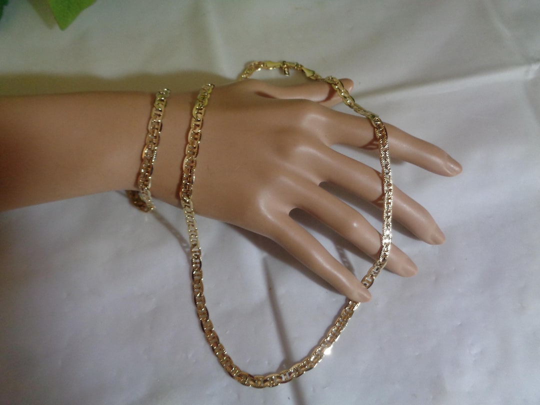 Marked 24K Gold Bond (GB) Plated Figaro Chain Necklace 20-inch Matching ...