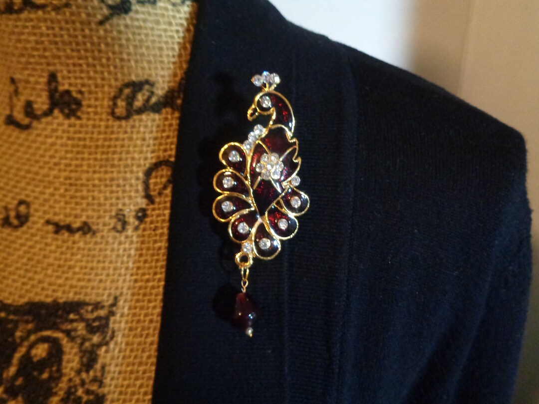RAJ Japan Signed Clear Bezel Set Rhinestone Ruby Red Enamel Figural ...