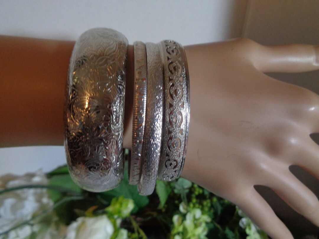 Four Fancy Scroll Silver Overlay Bangle Bracelets Solid Weight Average ...