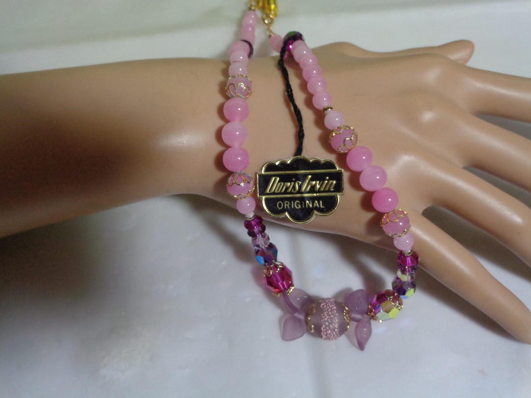 Doris Irvin Rose Quartz Lampwork Bead Necklace: Aurora Borealis Crystal ...
