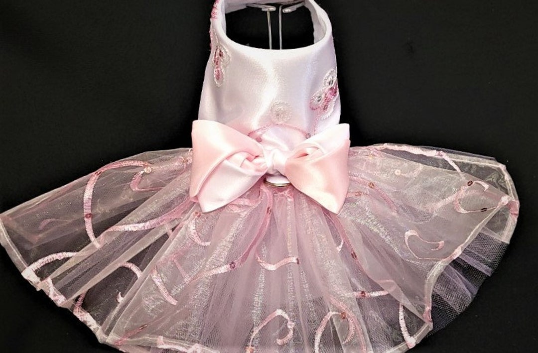 Pink and White Embroidered Sequins Dog Dress, Dog Harness Dress, Pink ...