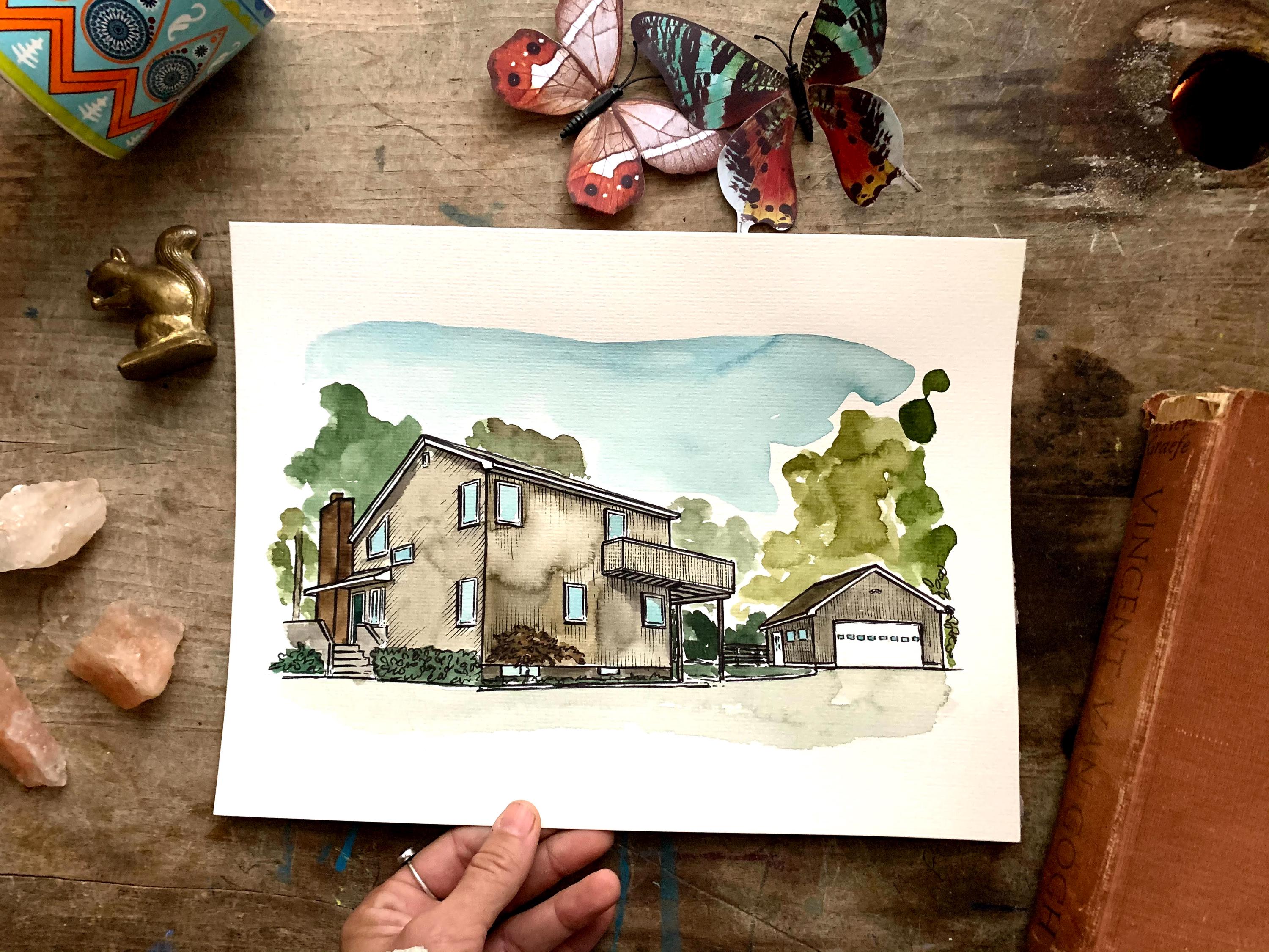 Watercolor House Drawing, Custom Watercolor House, Watercolor House ...