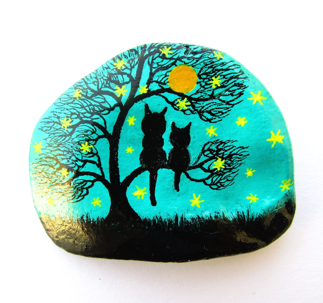 Cats Painted Shell, Mother Daughter Gift, Tree Moon Stars Painting ...