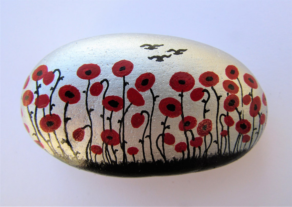 Painted Rock Poppy Gift Hand Painted Flowers Stone Rock | Etsy