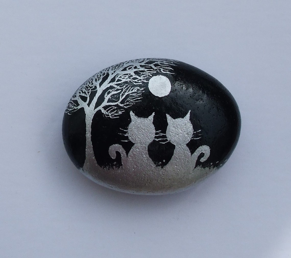 Hand Painted Cat Stone, Pebble Art, Moon Tree Cats, Small Rock Art ...