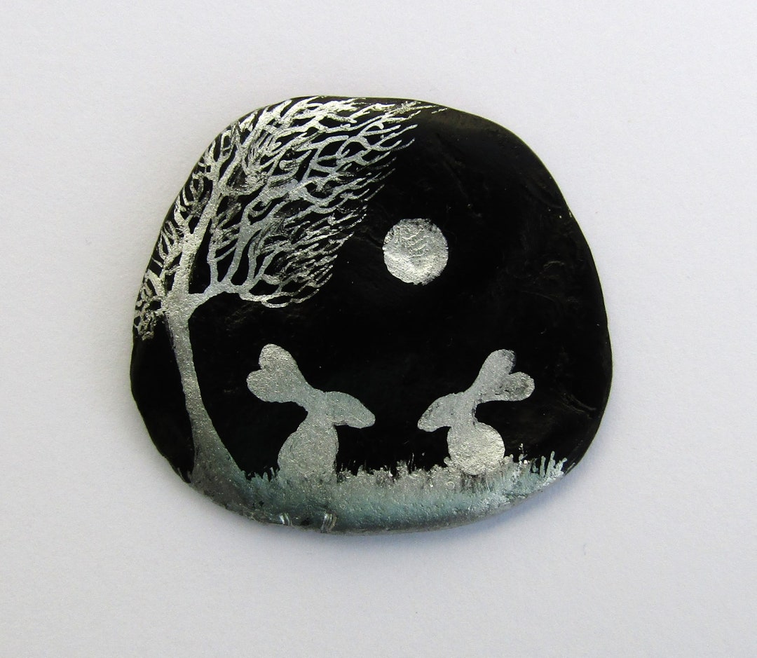 Hare Card, Hand Painted Shell, Bunny Rabbits Moon Tree Card, Two ...