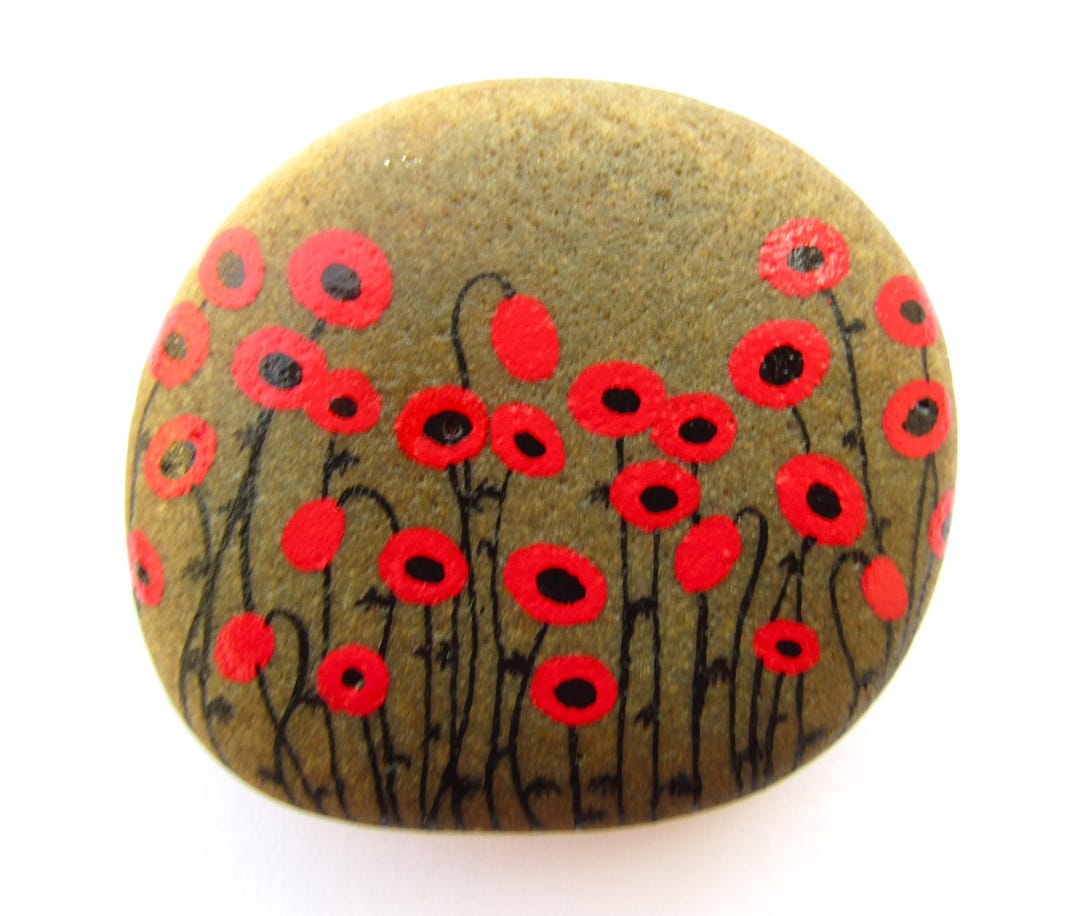 Painted Rock, Poppy Gift, Hand Painted Flowers Stone, Rock Art, Red ...
