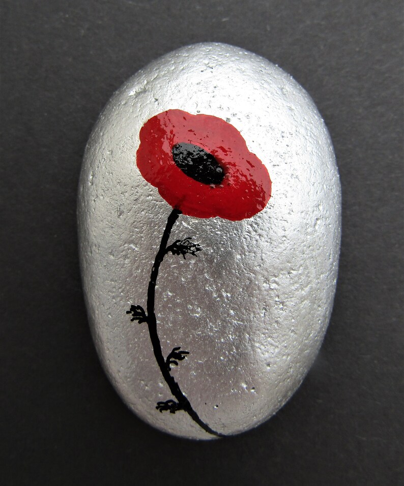Poppy Rock Painting Hand Painted Stone Remembrance Red | Etsy