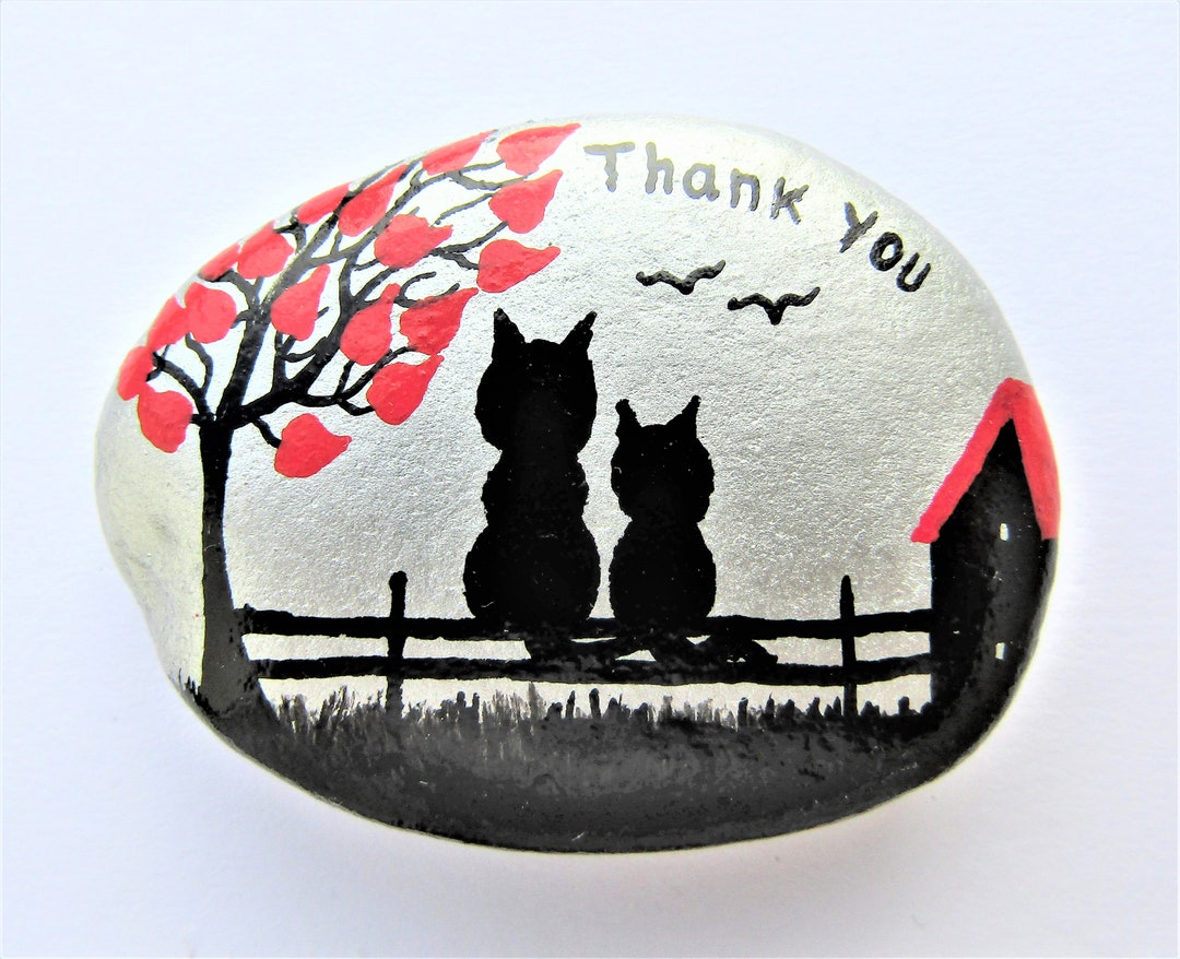 Hand Painted Cat Stone: Unique Thank You Gift, Black Cat Pebble Art - Etsy