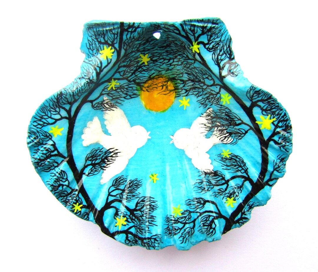 Hand Painted Shell, Birds Tree Moon, Engagement Gift, Romantic Love Art ...