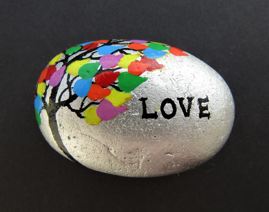 Painted Pebble, Love Gift, Tree Stone Art, LGBT, Hand Painted Rainbow ...