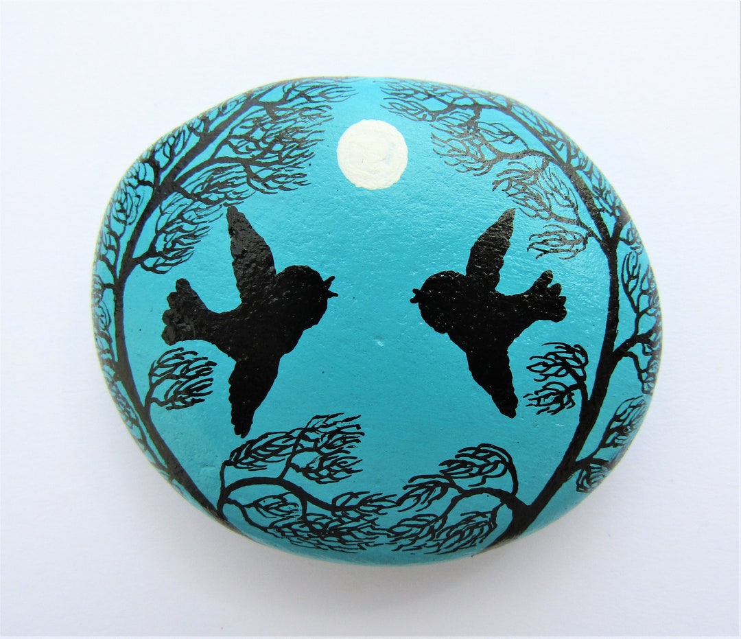 Painted Rock, Bird Valentines Gift, Moon Trees, Stone Art, Engagement ...