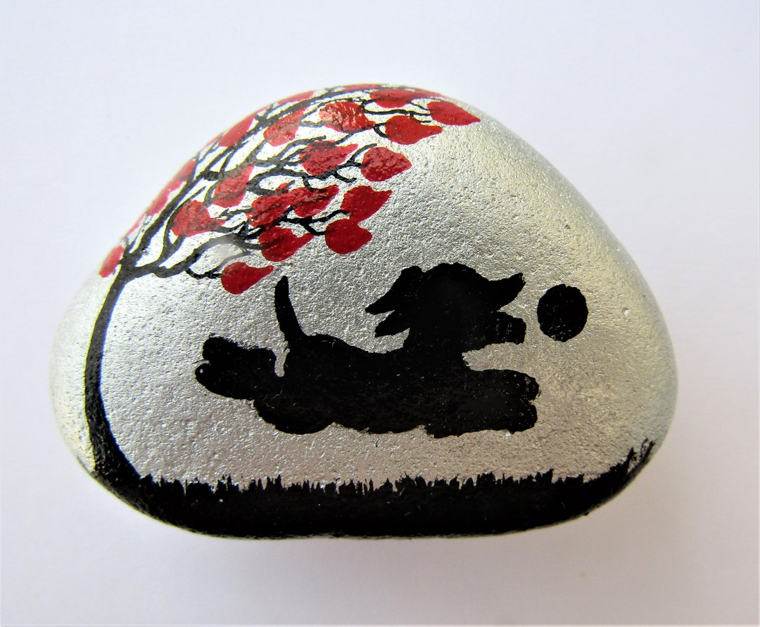 Hand Painted Dog Pebble, Stone Art, Tree Dogs Silhouette, Small Gift ...