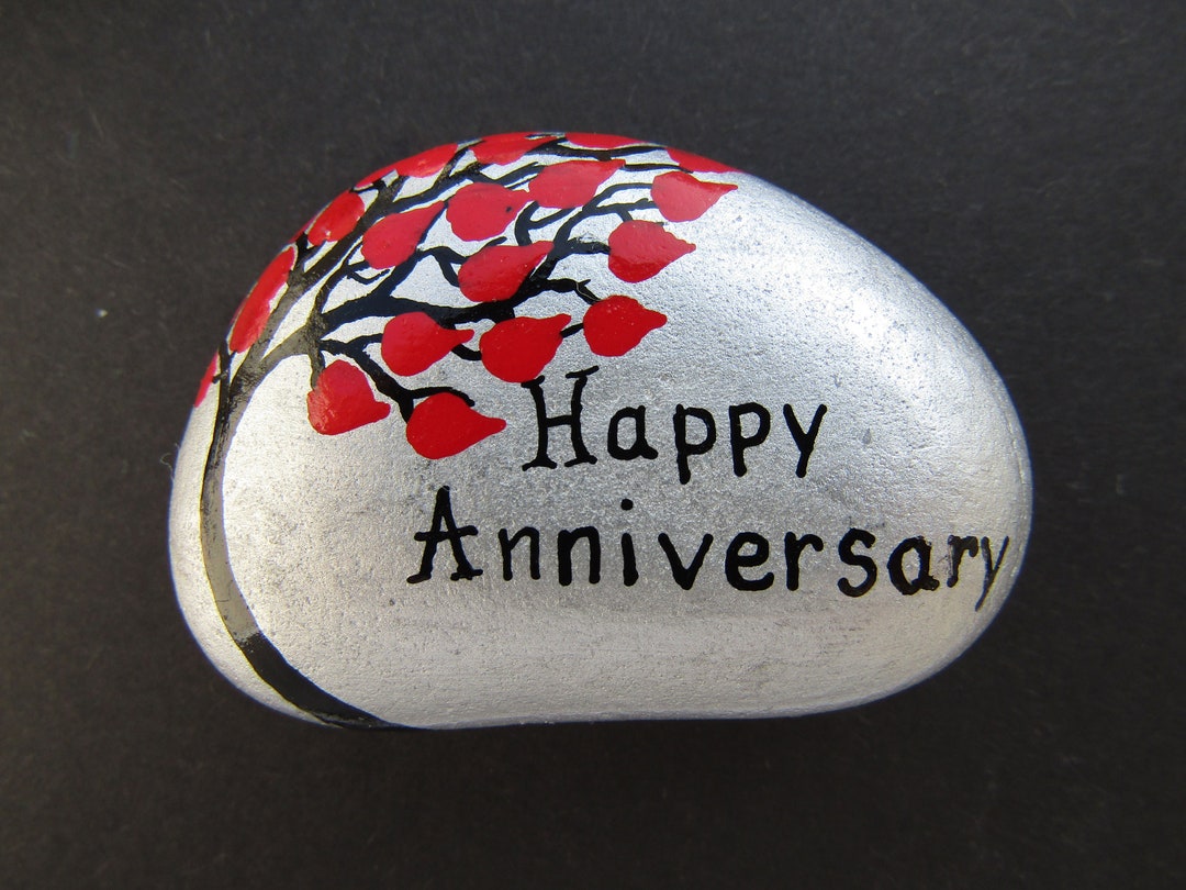 Hand Painted Anniversary Rock Art: Red Hearts Tree Pebble Gift ...