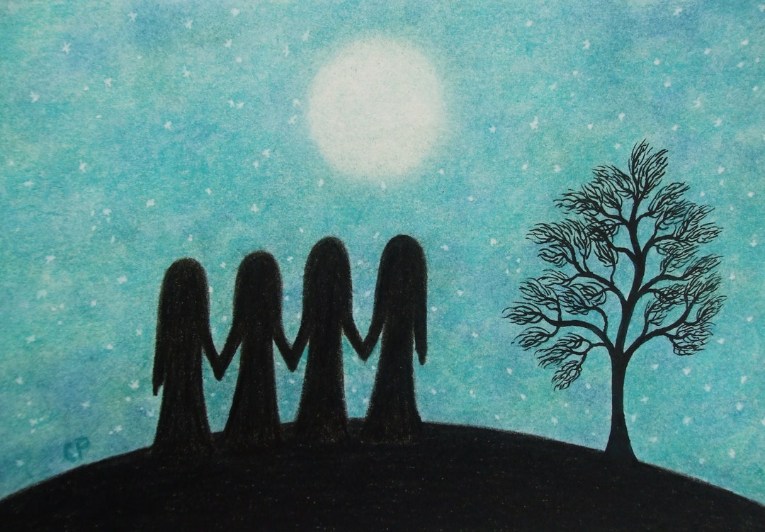 Four Sisters Art Picture, Moon Stars Card, Friends Gift, Spiritual ...