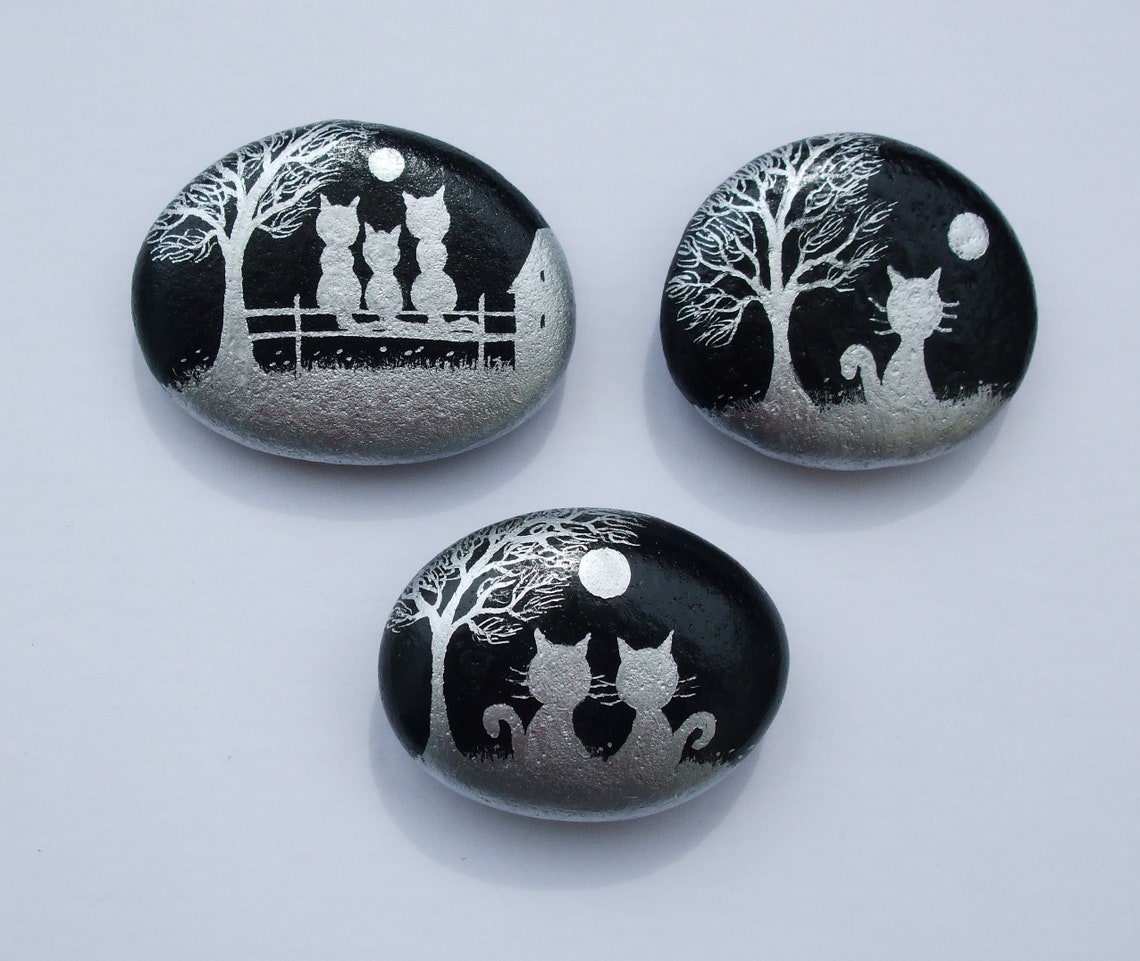 Hand Painted Cat Stone, Pebble Art, Moon Tree Cats, Small Rock Art ...