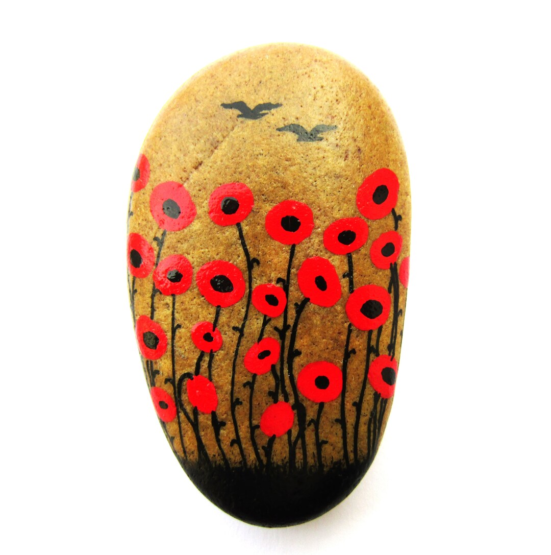 Painted Rock, Poppy Gift, Hand Painted Flowers Stone, Rock Art, Red ...