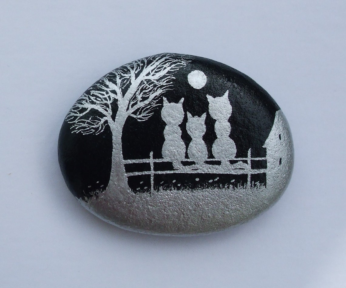 Hand Painted Cat Stone, Pebble Art, Moon Tree Cats, Small Rock Art ...