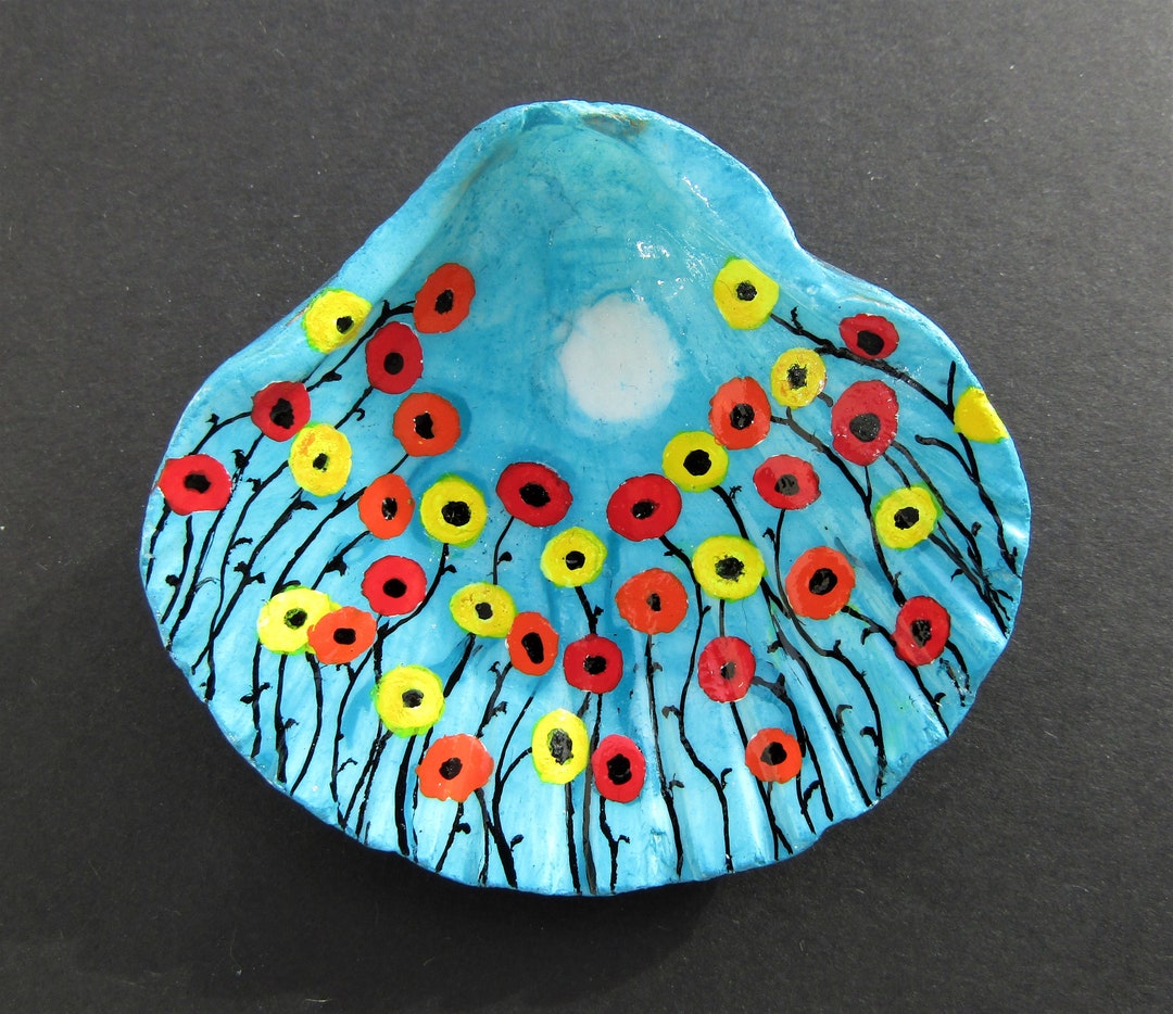 Flowers Painting, Shell Art Gift, Abstract Poppies Moon, Birthday Gift ...