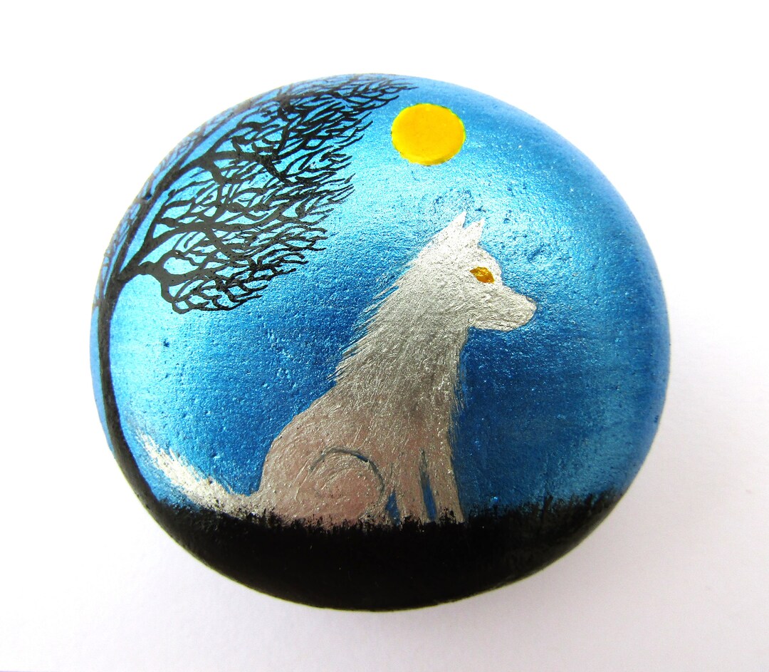 Wolf Gift, Painted Rock, Stone Art, Wolf Moon Tree, Pebble Painting ...