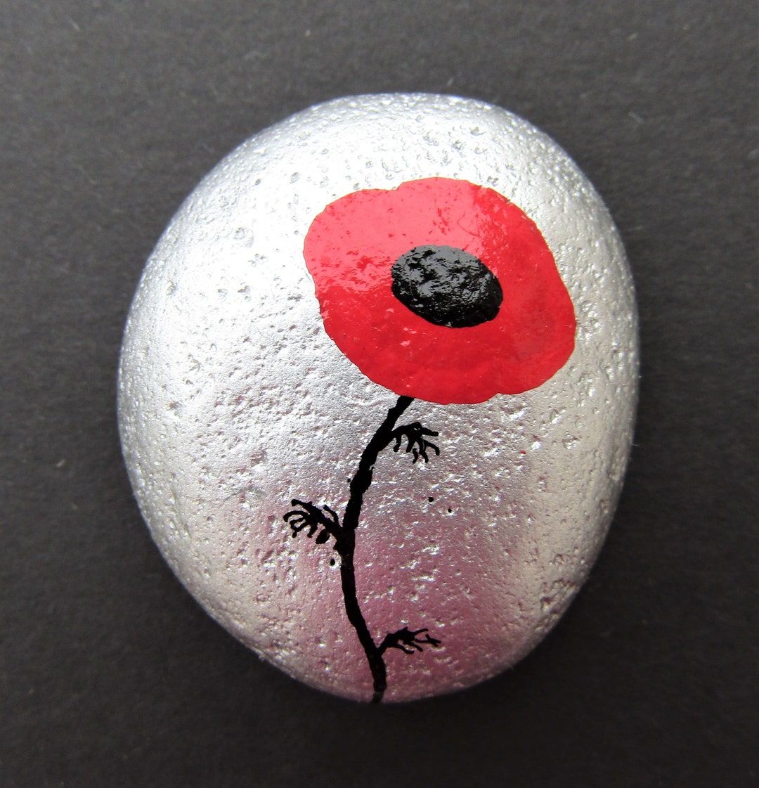 Poppy Rock Painting, Hand Painted Stone, Remembrance, Red Poppy Magnet ...