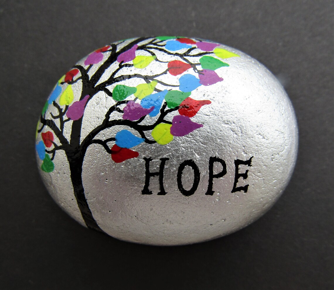 Hope Painted Rock Rainbow Tree Stone Hand Painted Hope Gift | Etsy