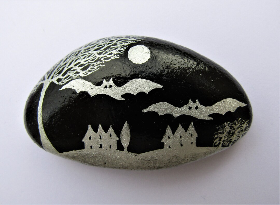 Painted Rock Bat Gift Halloween Stone Magnet Two Bats Moon - Etsy UK