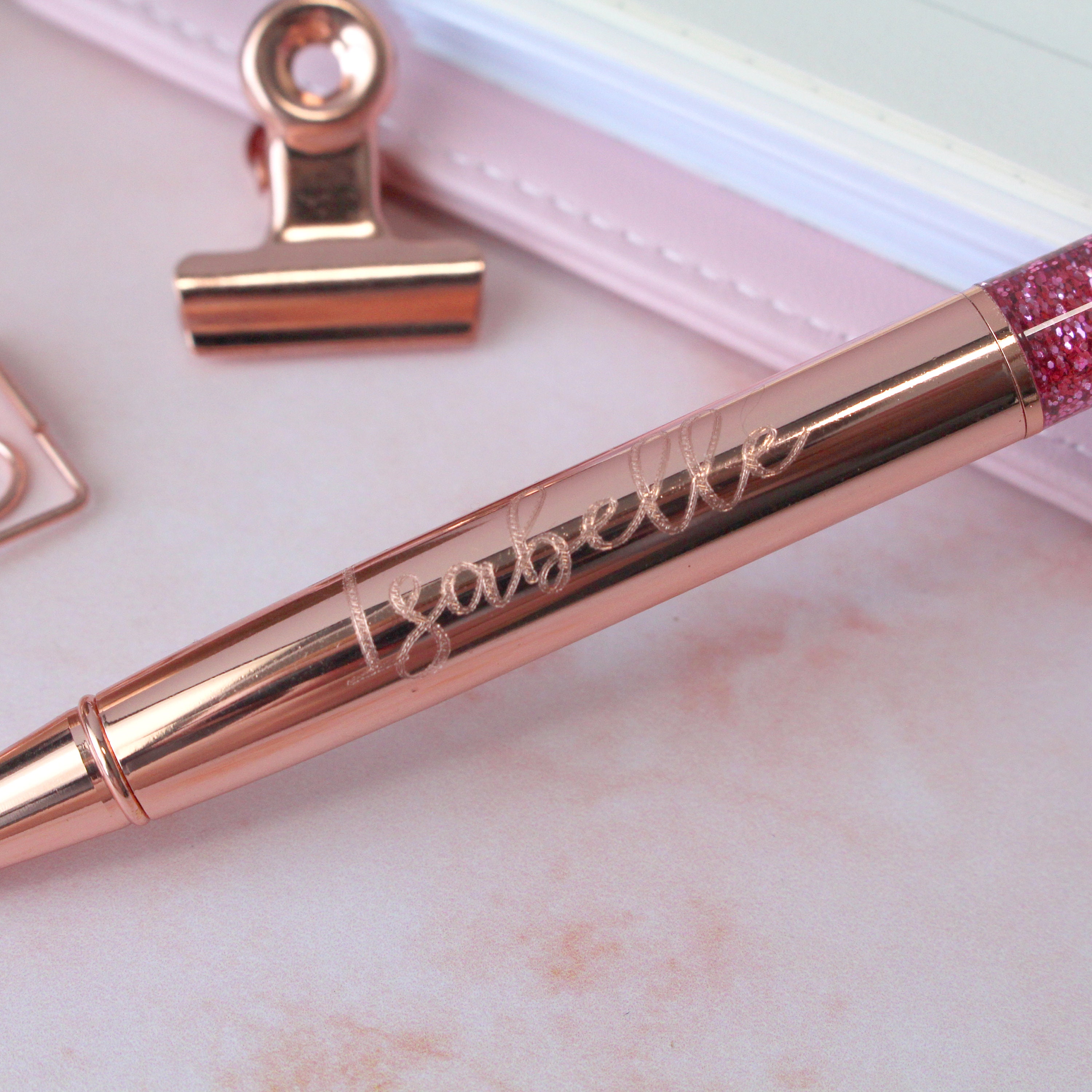 Personalised Engraved Rose Gold Pink Glitter Sparkle Ballpoint Pen ...